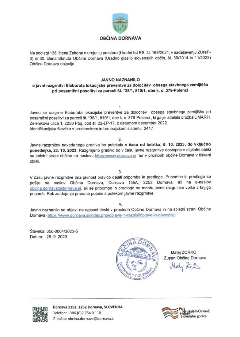 Javno naznanilo o javni razgrnitvi Elaborata lokacijske preveritve za določitev obsega stavbnega ...